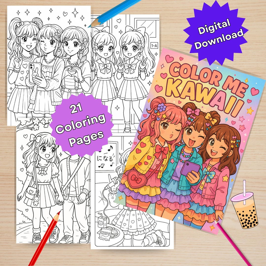 Color Me Kawaii Printable Coloring Book for Teens & Adults – 21 Cute ...