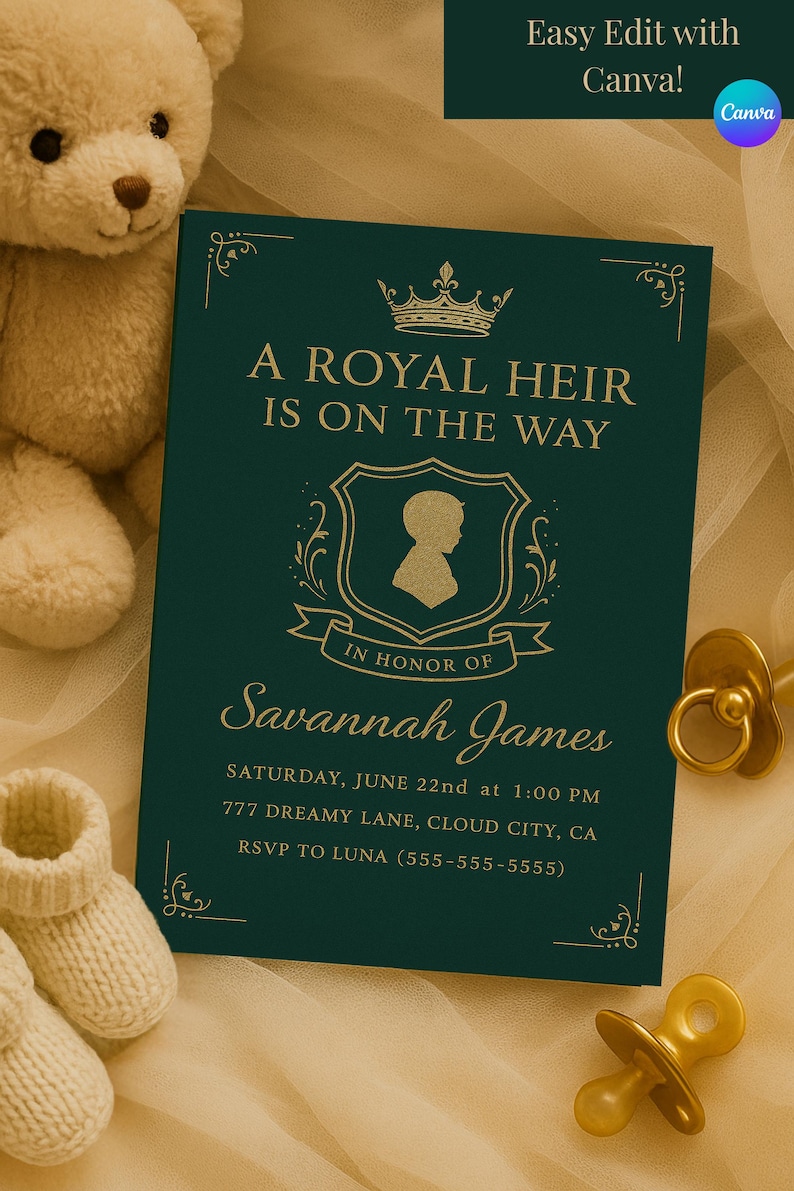 Royal Baby Shower Invitation for Boy | Green & Gold Printable | Prince ...