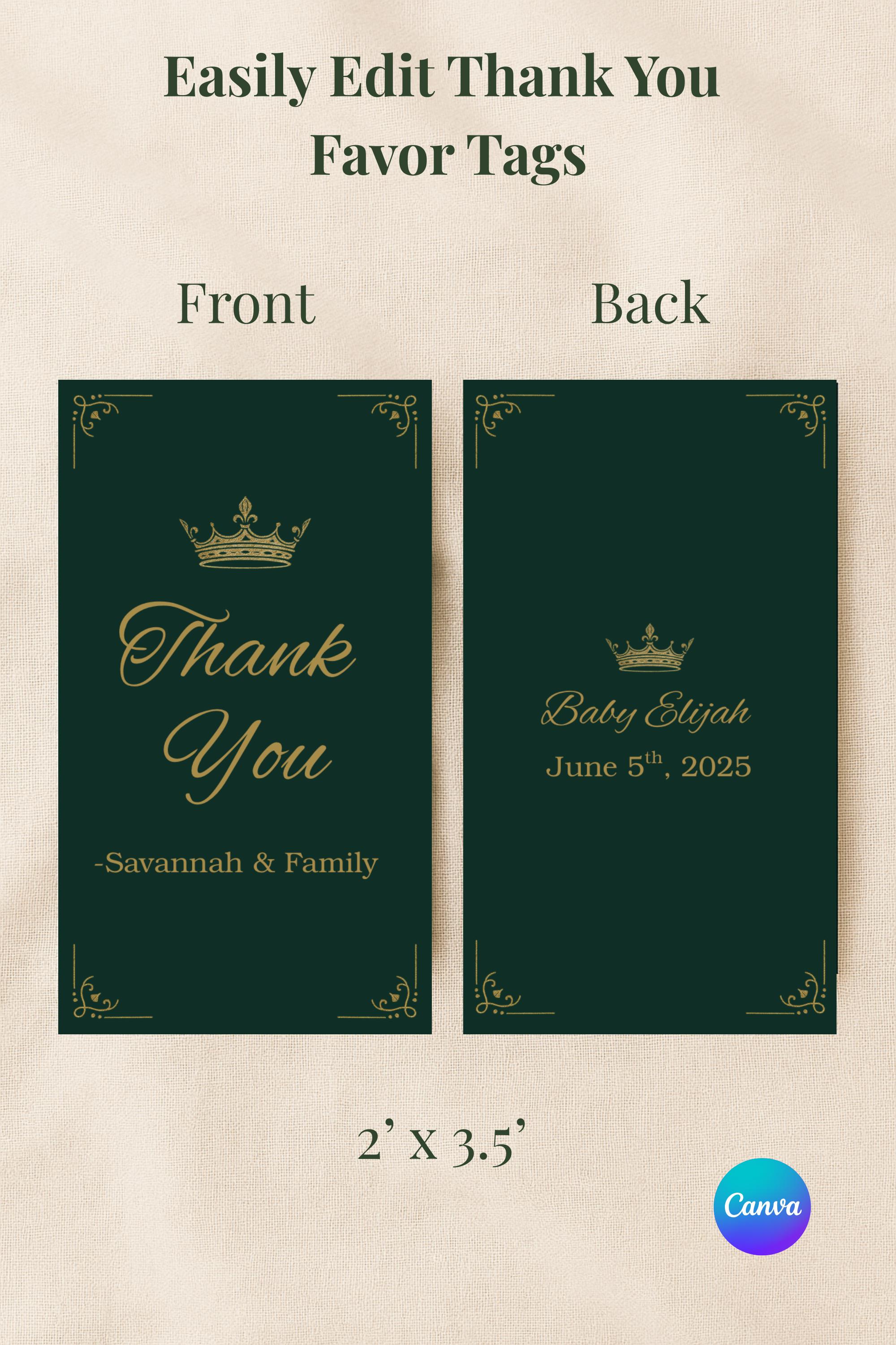 Royal Baby Shower Favor Tags – Green & Gold Printable | Editable 2x3.5 ...