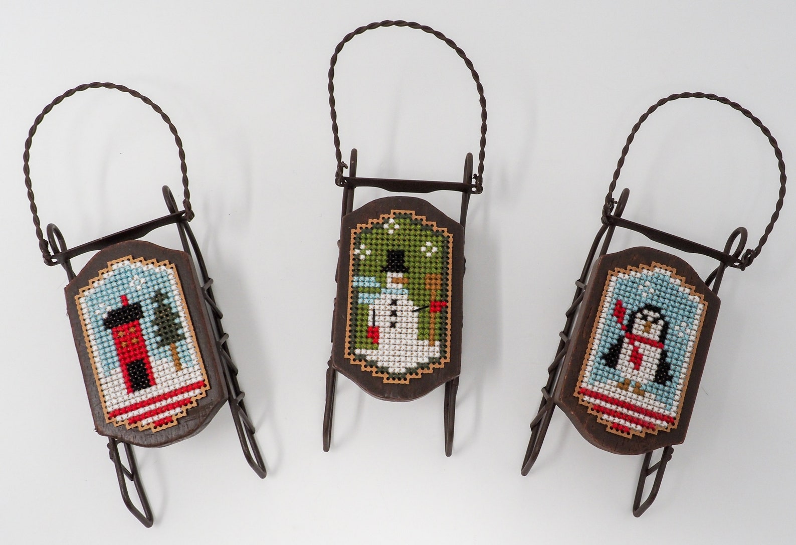 Lot of 3 Cross Stitch Sleds Finished Snowy Sleds Handmade - Etsy