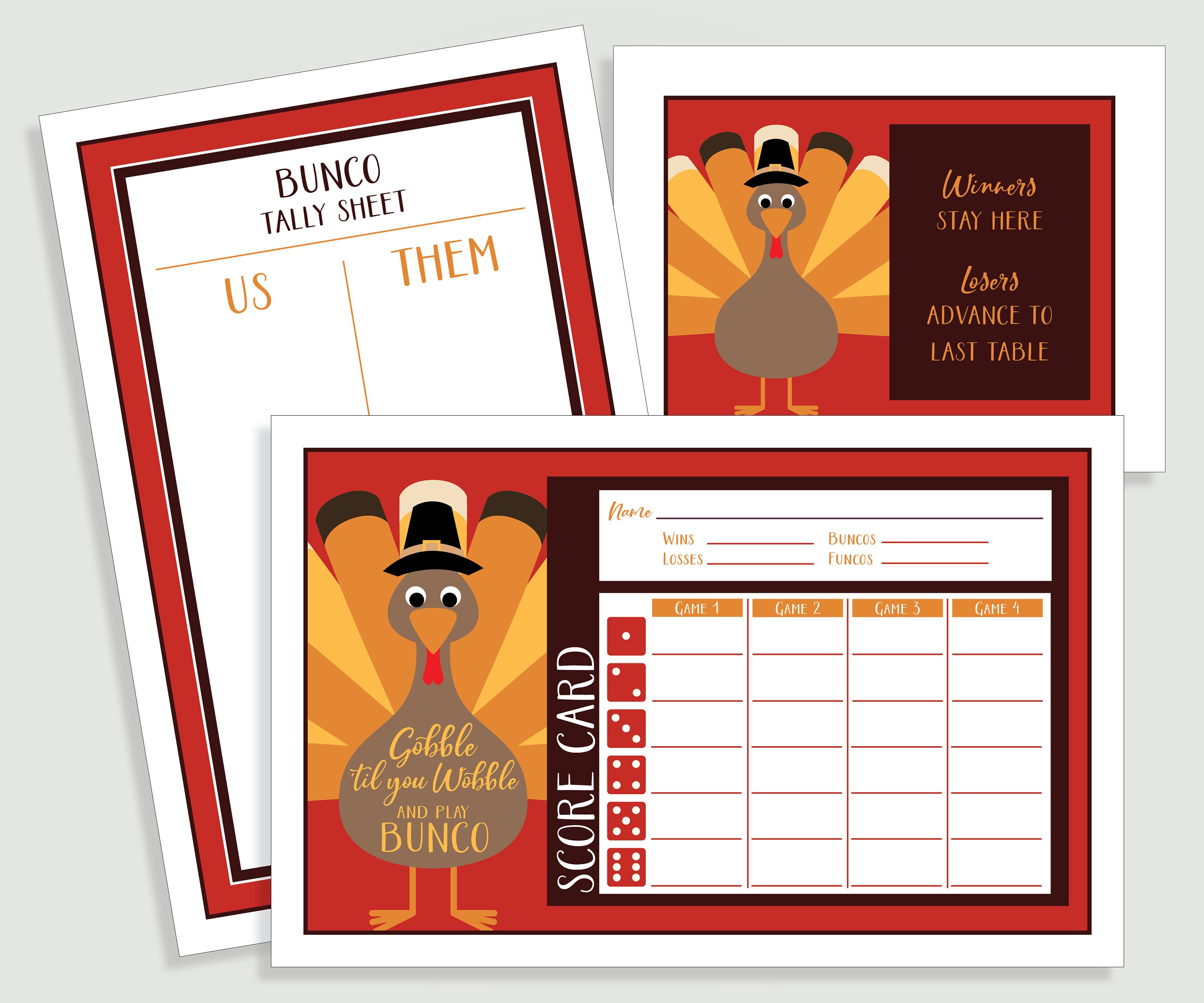 Thanksgiving Bunco Score Card Set - Gobble 'til You Wobble - Includes ...