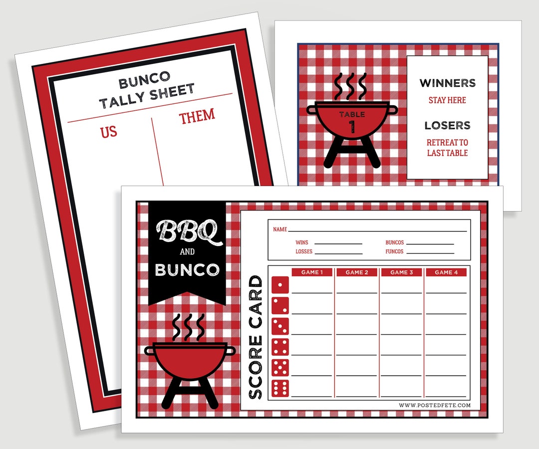 BBQ Bunco Score Card Set - Summer BUNCO Includes - Us Them Tally Sheet ...