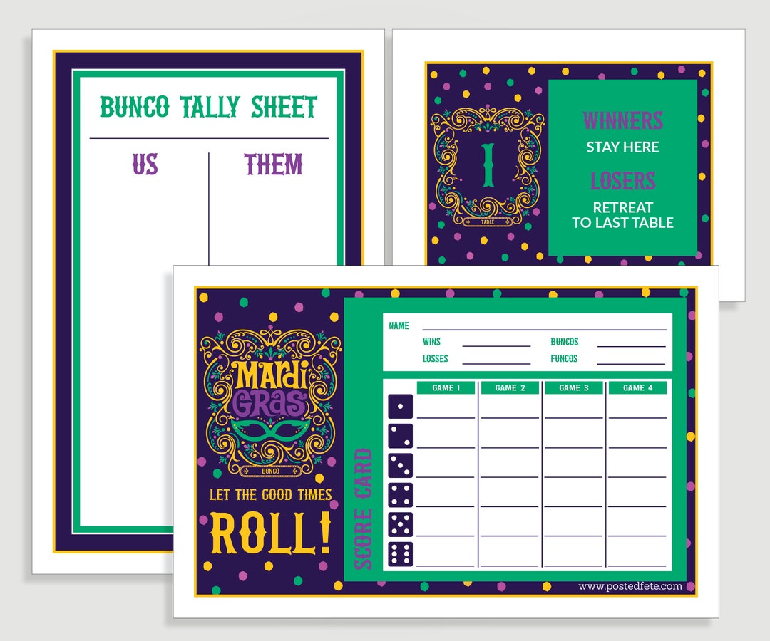 Mardi Gras Bunco Score Card Set - New Orleans - Tally Sheet and Table ...