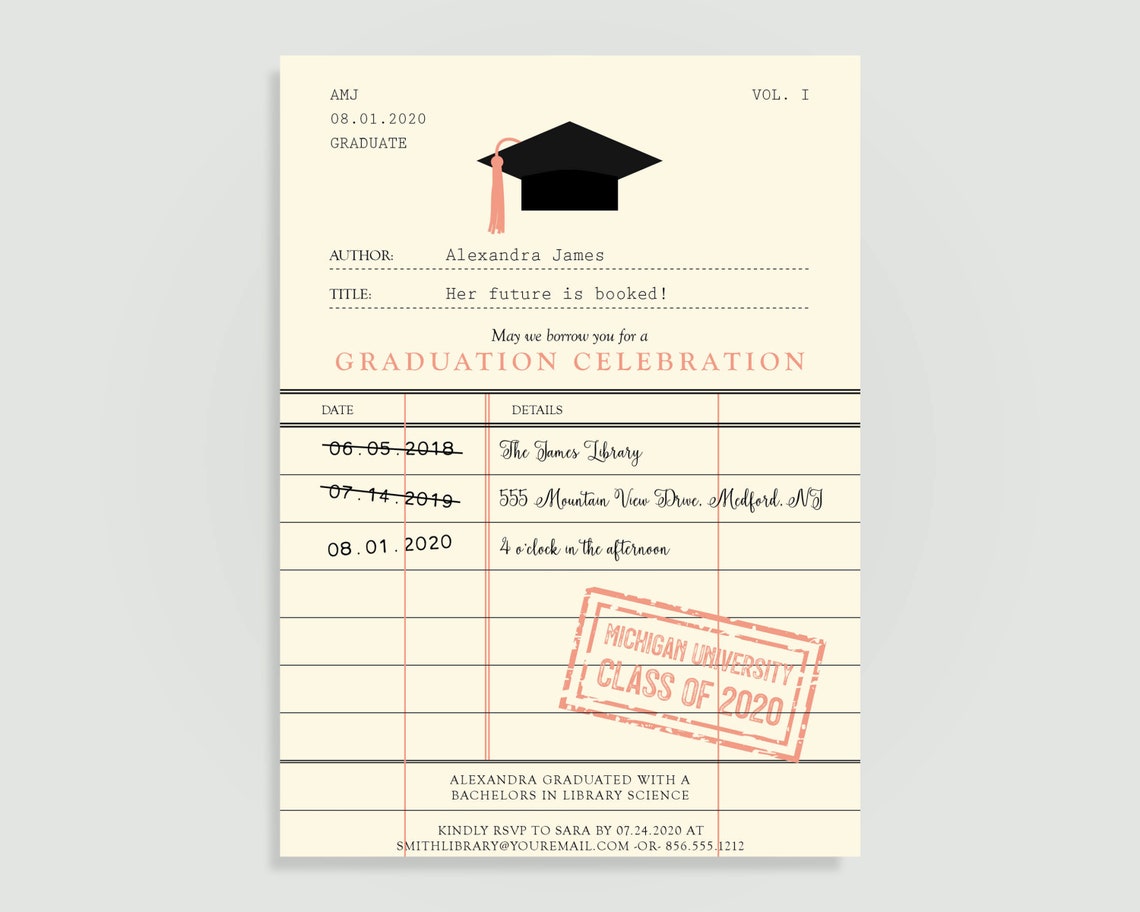 Library Graduation Party Invitation Literary Theme Library | Etsy