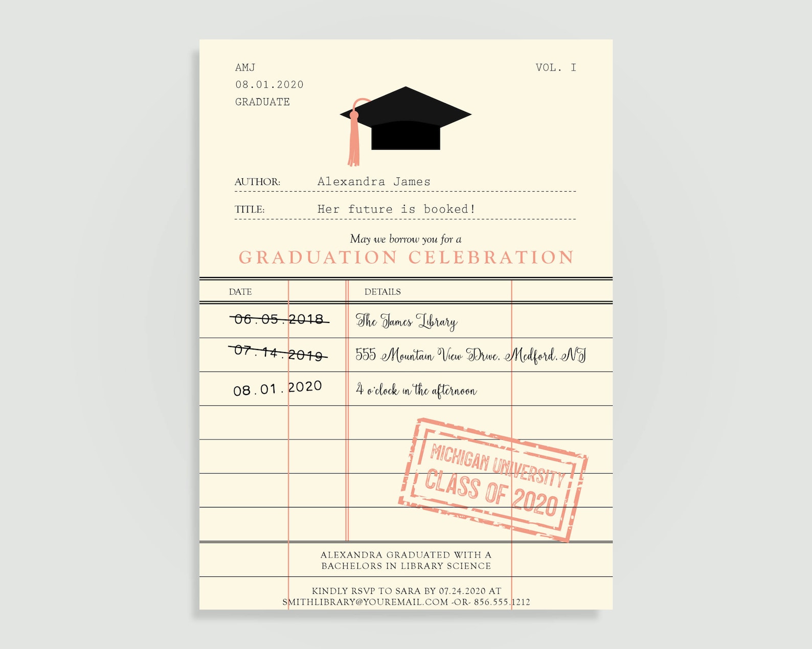 Library Graduation Party Invitation - Literary Theme - Library Science ...