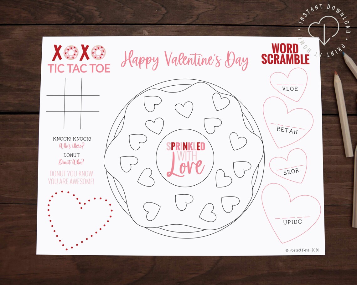 Kids Valentines Coloring Page Printable Placemat C39-PM-01 | Etsy