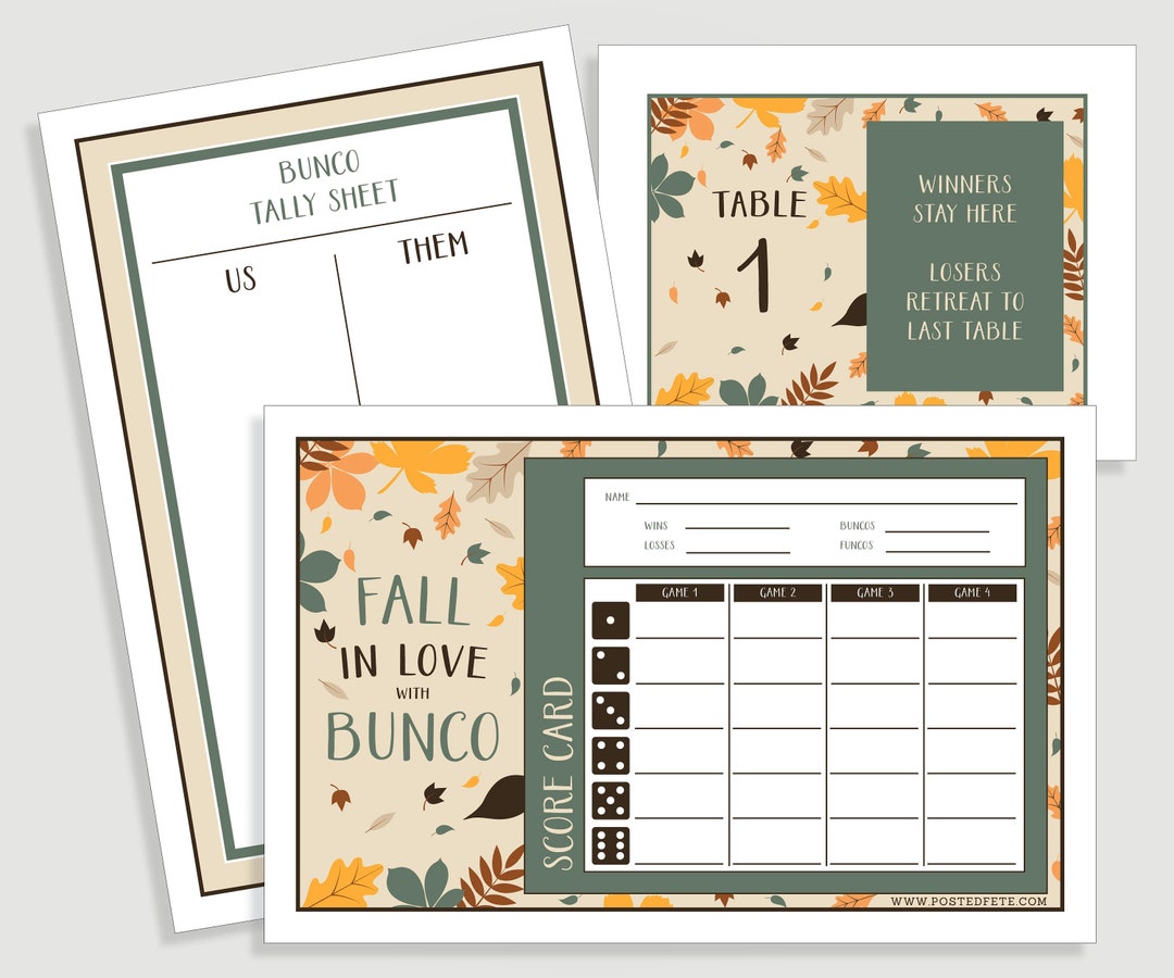 Fall in Love Bunco Score Card Set - Fall Bunco - Us Them Tally Sheet ...