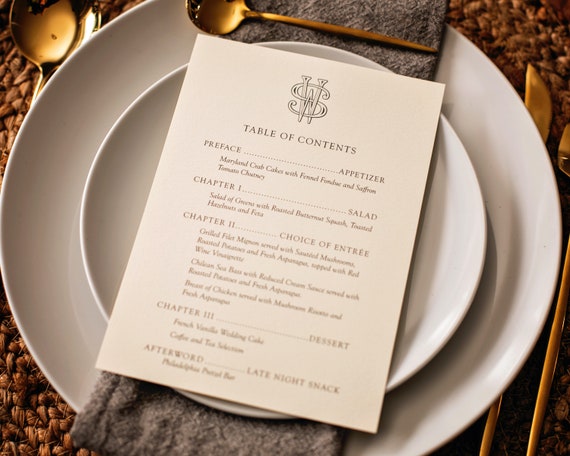 Literary Wedding Menu Literary Dinner Menu Table of - Etsy
