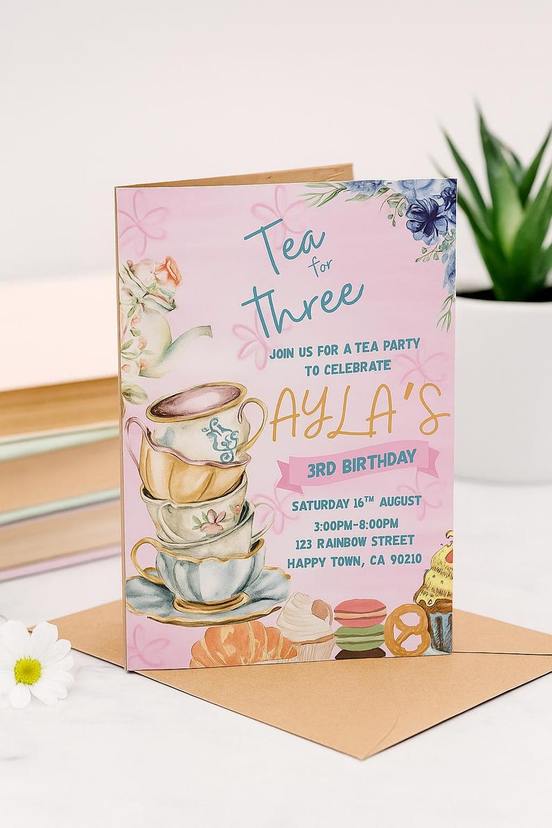 Editable Tea for Three Birthday Invitation Pink Gold Whimsical Tea ...