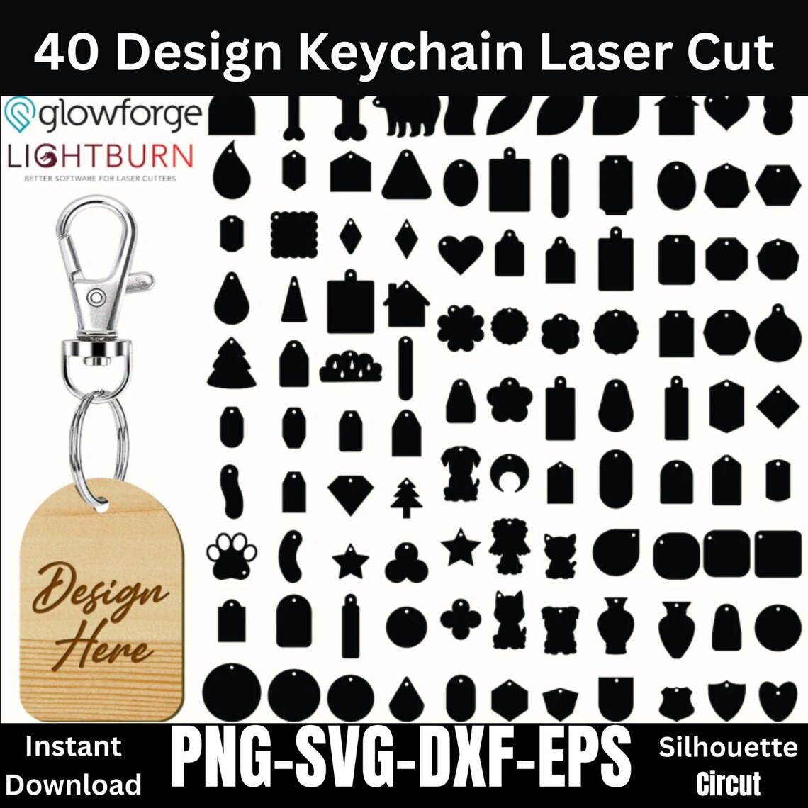 Keychain Designs, Wooden Keyring, SVG Bundle, 40 Laser Cut Templates ...