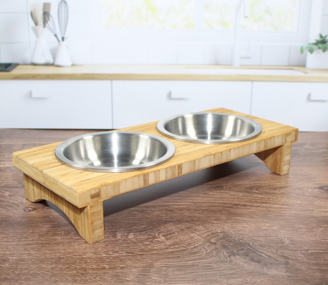 Elevated Bamboo Cat Bowl Stand, Eco-friendly Bamboo, Rust-resistant ...