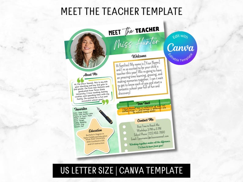 Editable Meet the Teacher Template | Green & Calming Theme Canva Design ...
