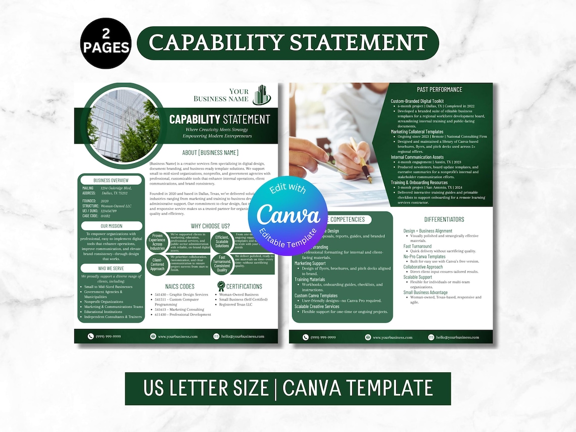 Capability Statement Canva Template | Editable 2-page Business Overview ...