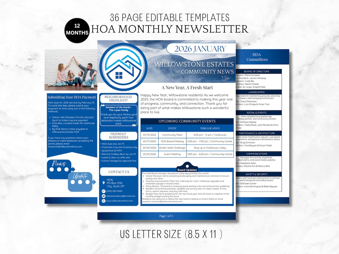 Modern HOA Newsletter Template Bundle | 36 Editable Canva Pages ...