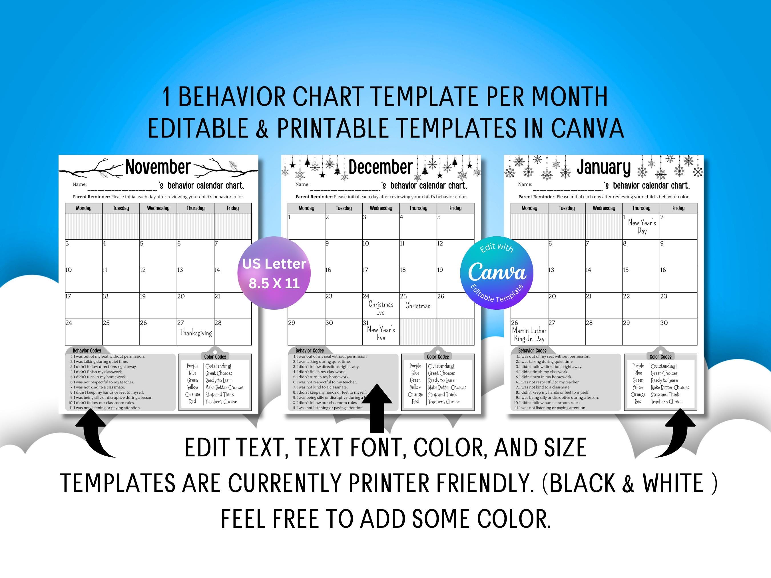 Editable Student Behavior Chart: Color Coded Classroom Calendar (canva ...