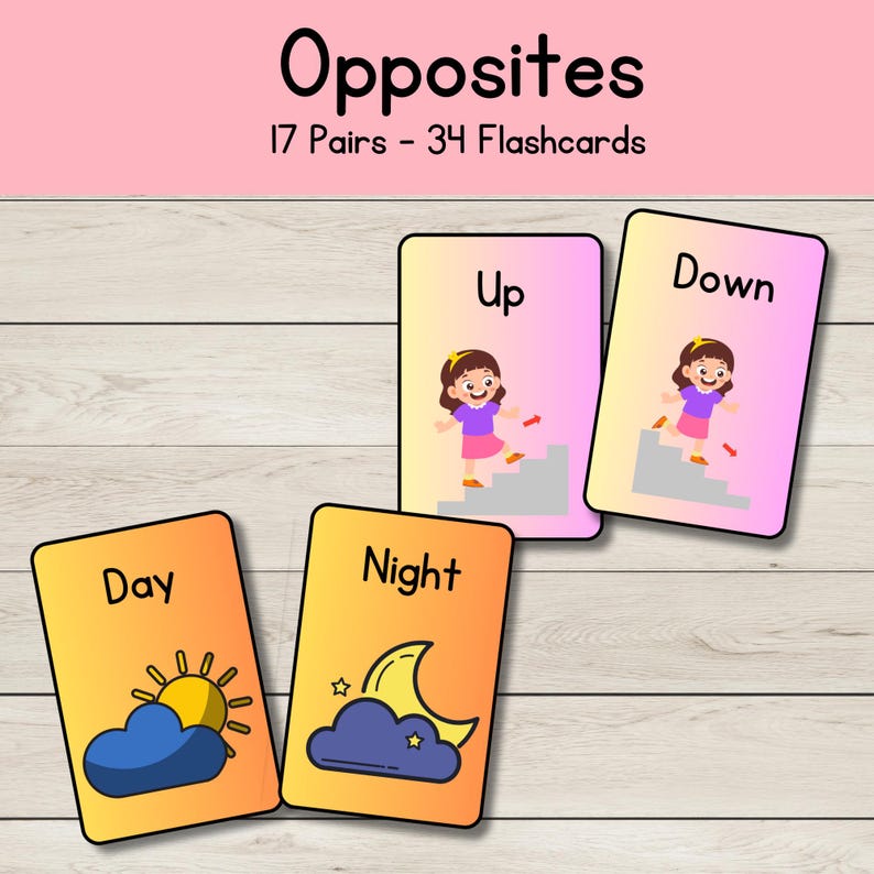 Opposites Matching Flashcards, Printable Vocabulary Activity, Pairing ...