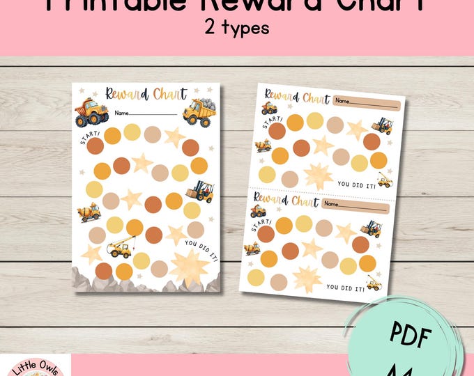 Printable Kids Reward Chart, Construction Trucks, Sticker Chart for ...