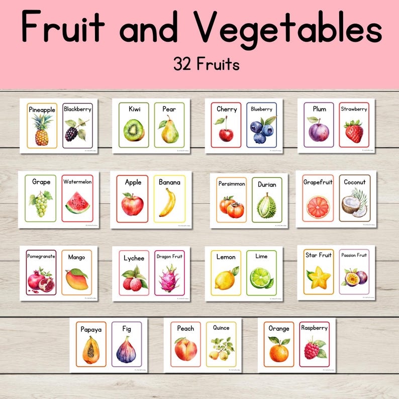 Fruits and Vegetables Flashcards, Watercolor Fruit and Veg, Preschool ...