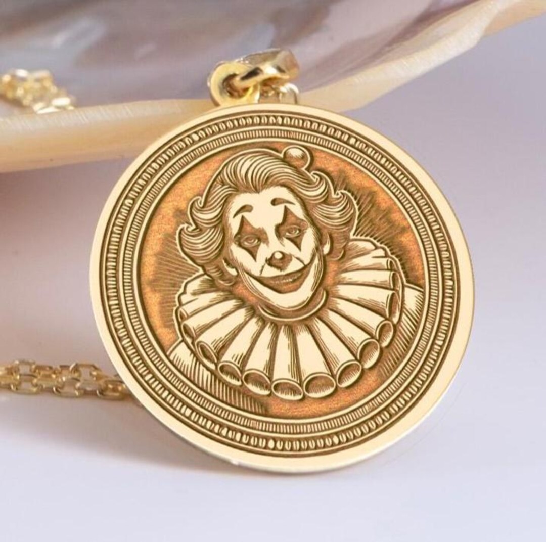 14K Solid Gold Clown Necklace, Clown Medallion, Clown Head Pendant ...