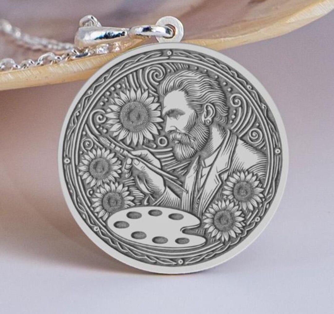 Sterling Silver Van Gogh Necklace: Engraved Sunflower & Palette ...