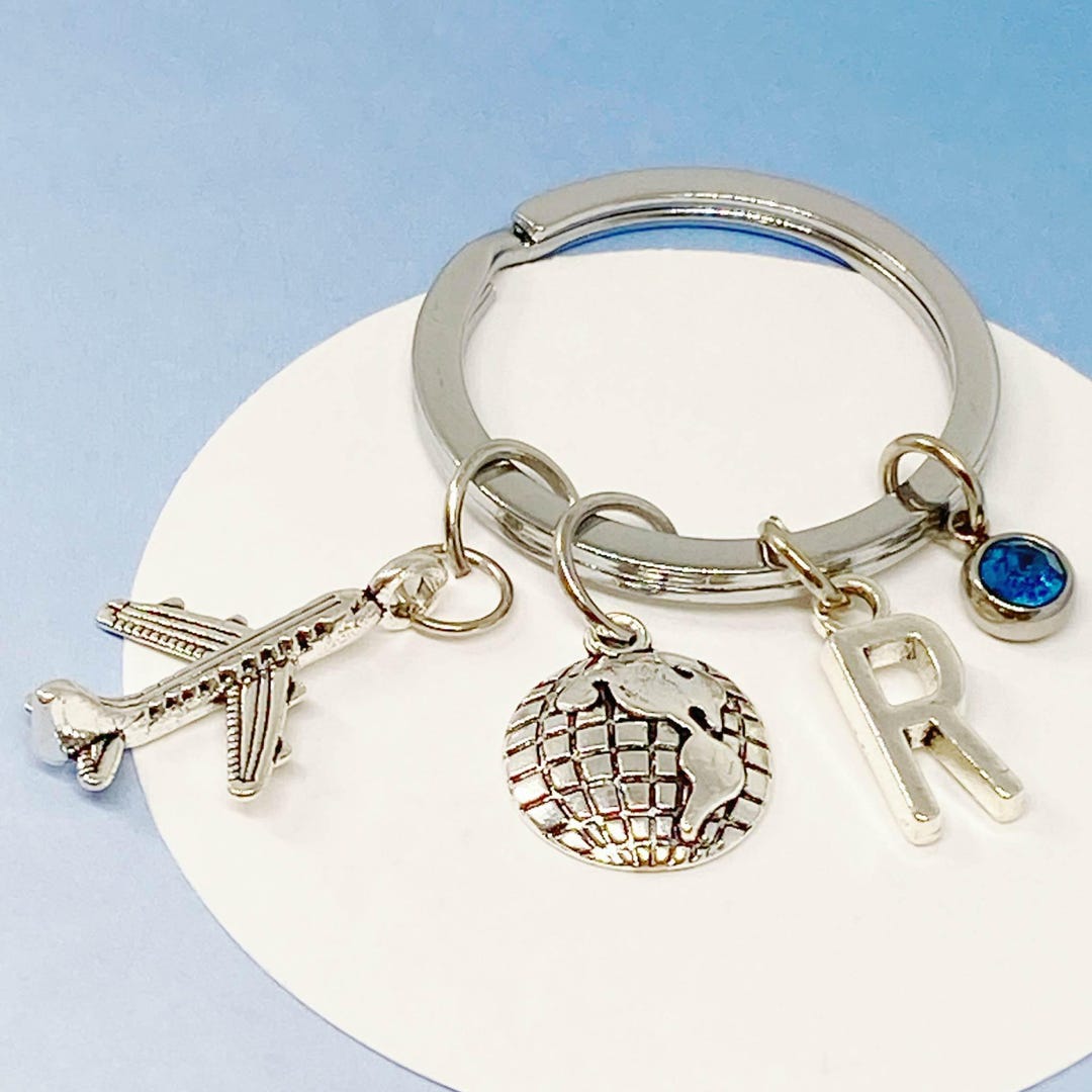 Personalized Travel Keychain - Airplane & Globe Charms With Initial and ...