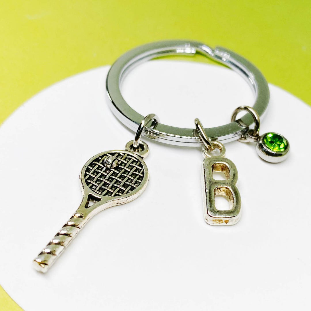Keychain Personalised With Tennis Racket Charm, Initial, and Birthstone ...