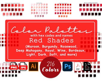 Red Color Palette Bundle 216 Shades With Hex Codes & Names | Light ...