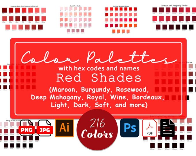 Red Color Palette Bundle 216 Shades With Hex Codes & Names | Light ...