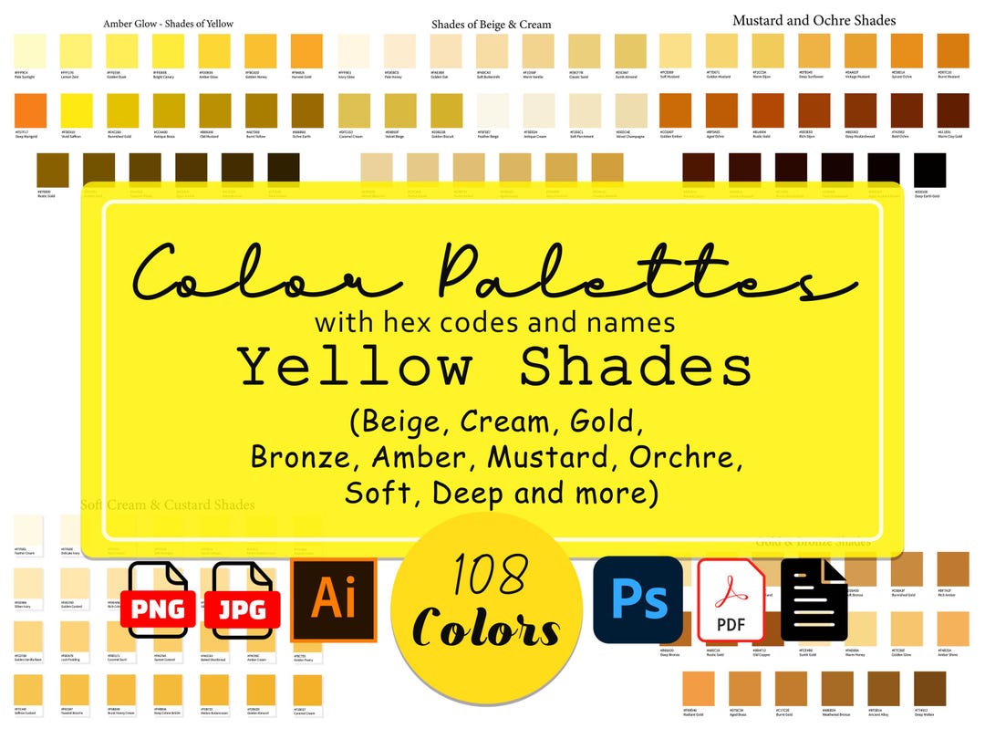 Color Palette 108 Shades of Yellow, Illustrator Swatches, Hex Codes and ...