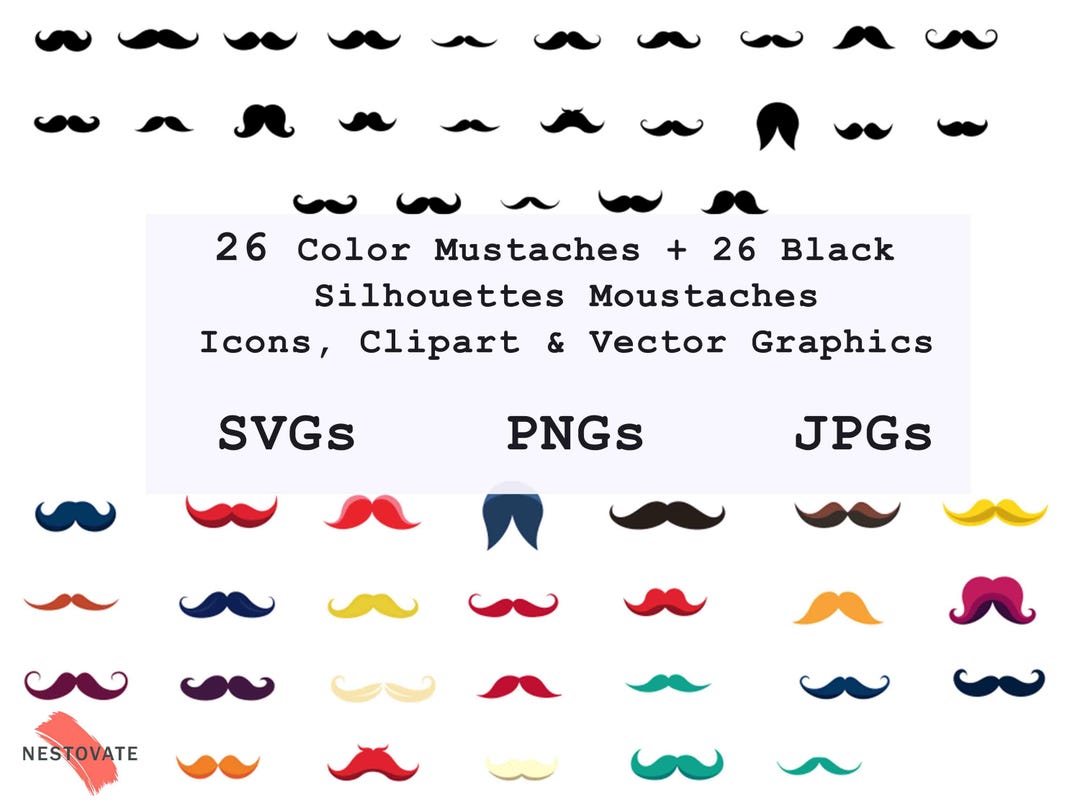 Moustache Clipart Bundle 26 Color & 26 Black Silhouette Icons | Vector ...