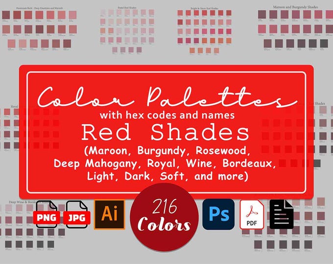Red Color Palette Bundle 216 Shades With Hex Codes & Names | Light ...