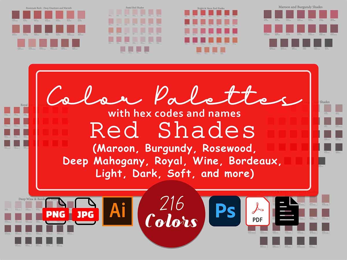 Red Color Palette Bundle 216 Shades With Hex Codes & Names | Light ...