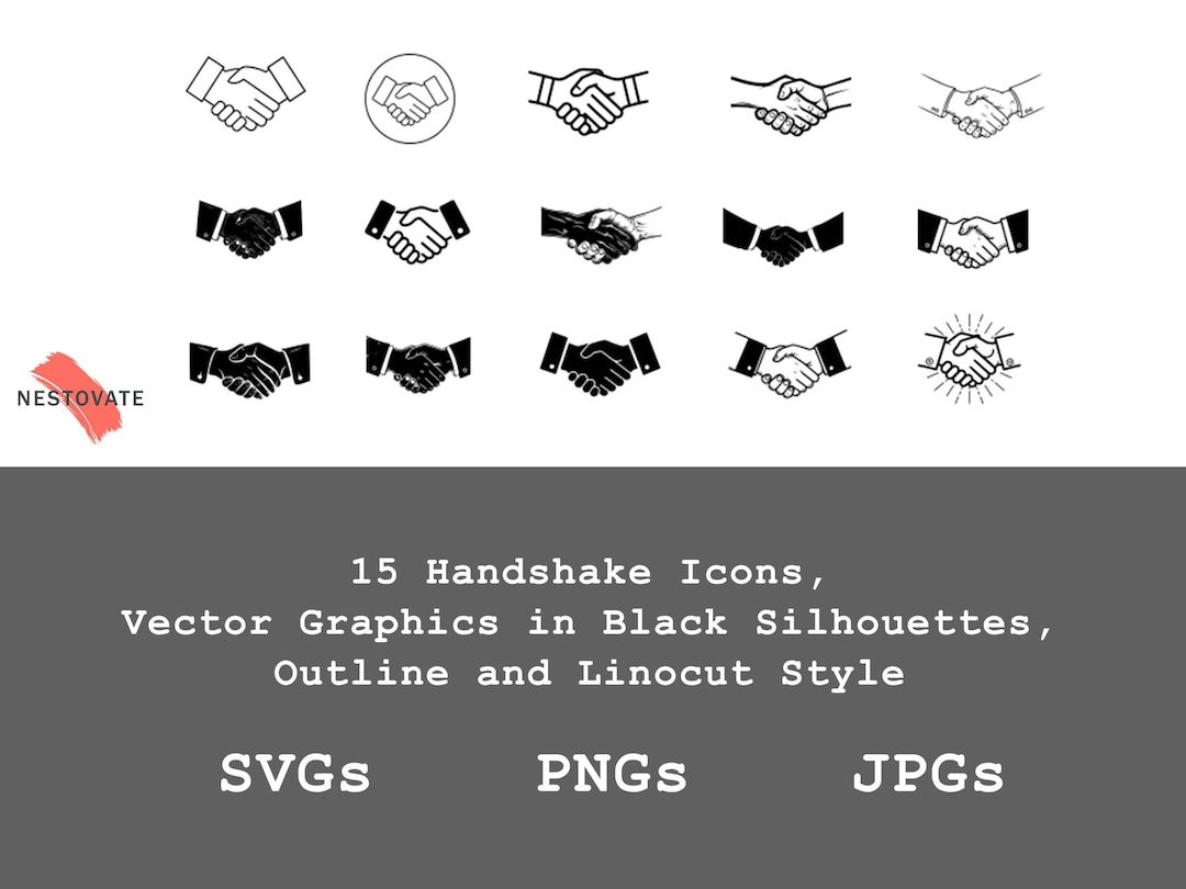 15 Handshake Icons in Black Outline, Silhouette & Linocut Style Vector Clipart for Business ...