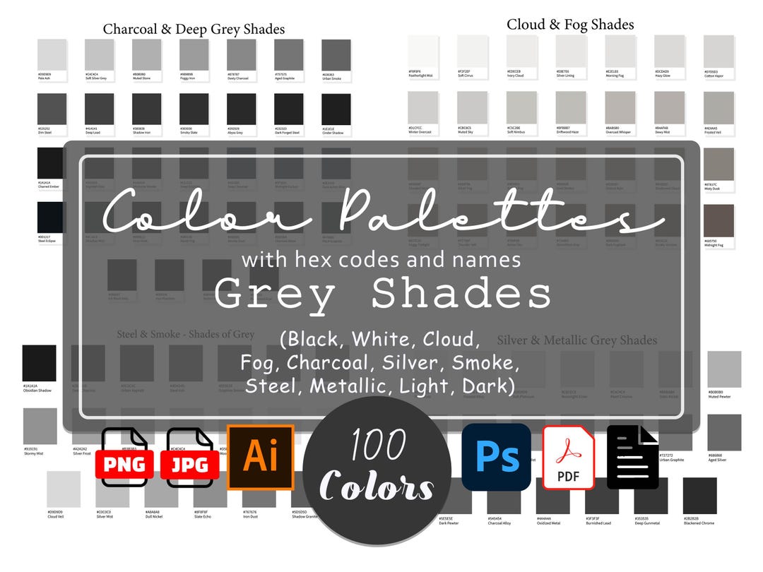 Grey Color Palette Bundle 100 Shades With Hex Codes & Names | Gray, Fog ...