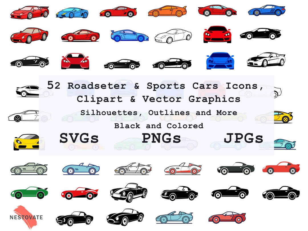 52 Sports Car & Roadster Clipart Bundle | Front and Side | SVG Vector ...