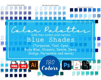Blue Color Palette Bundle 180 Shades With Hex Codes & Names | Teal ...
