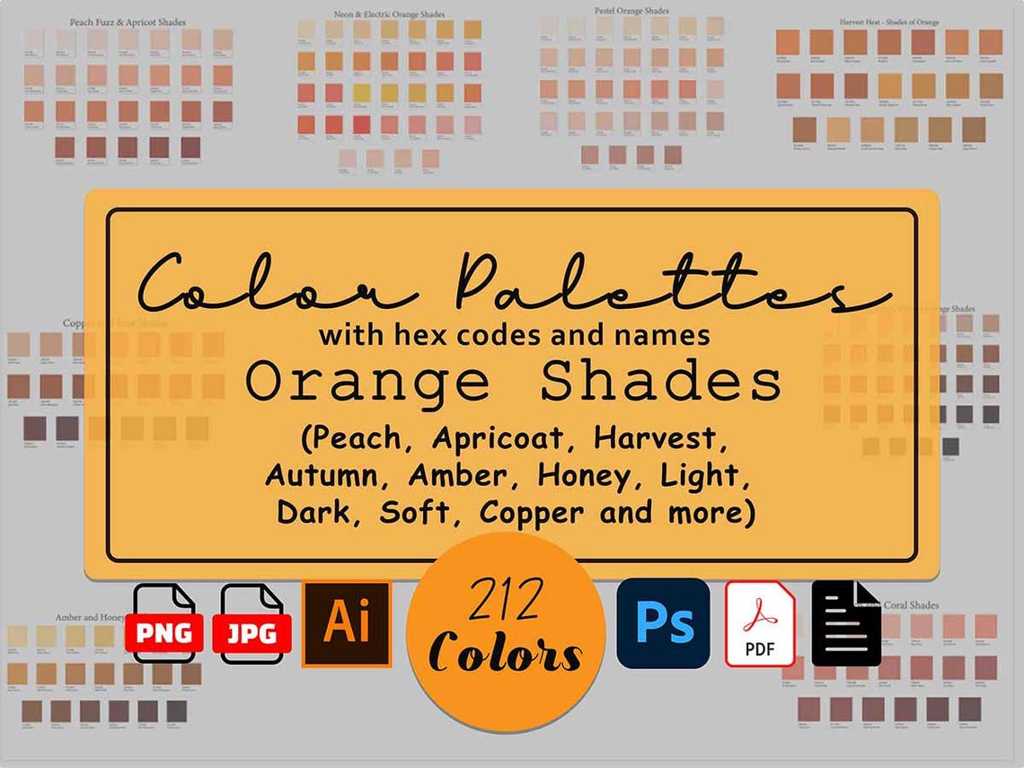 Orange Color Palette Bundle 212 Shades With Hex Codes and Names | Peach ...