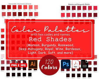 Red Color Palette Bundle 120 Shades With Hex Codes & Names | Light ...