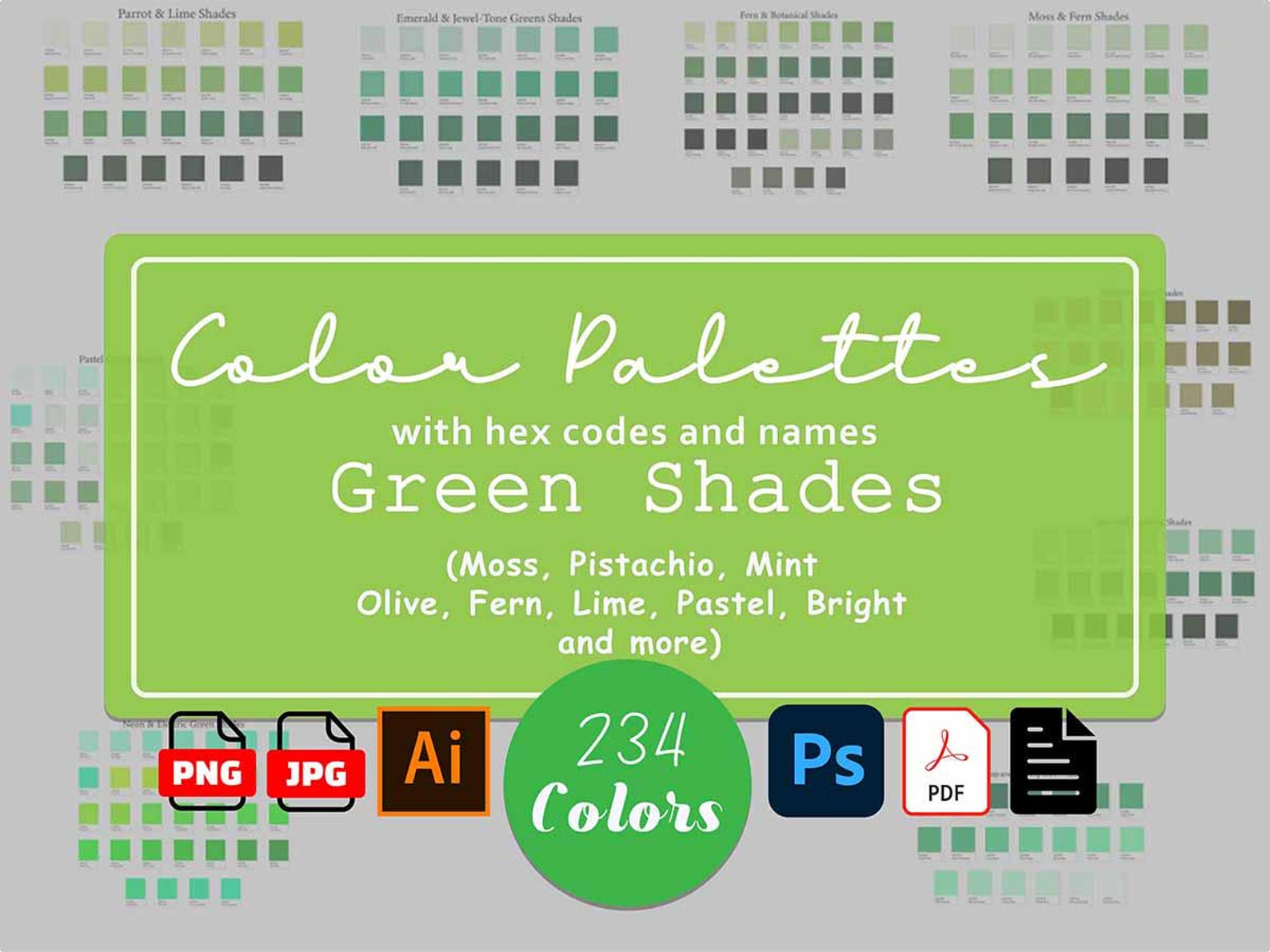 Green Color Palette Bundle 234 Shades With Hex Codes & Names | Moss ...