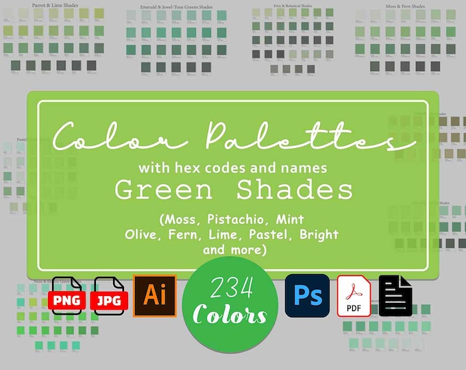 Green Color Palette Bundle 234 Shades With Hex Codes & Names | Moss ...