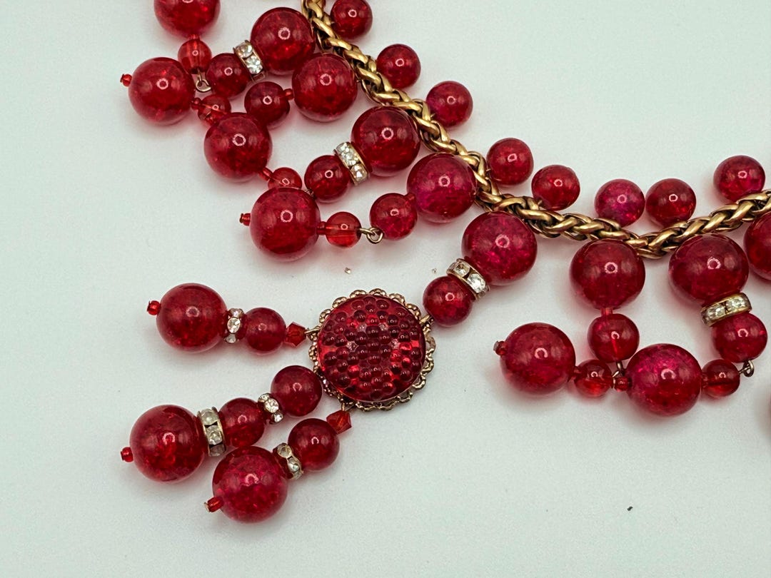 Vintage ANKA Red Crackle Bead Rhinestone Necklace - Miriam Haskell ...
