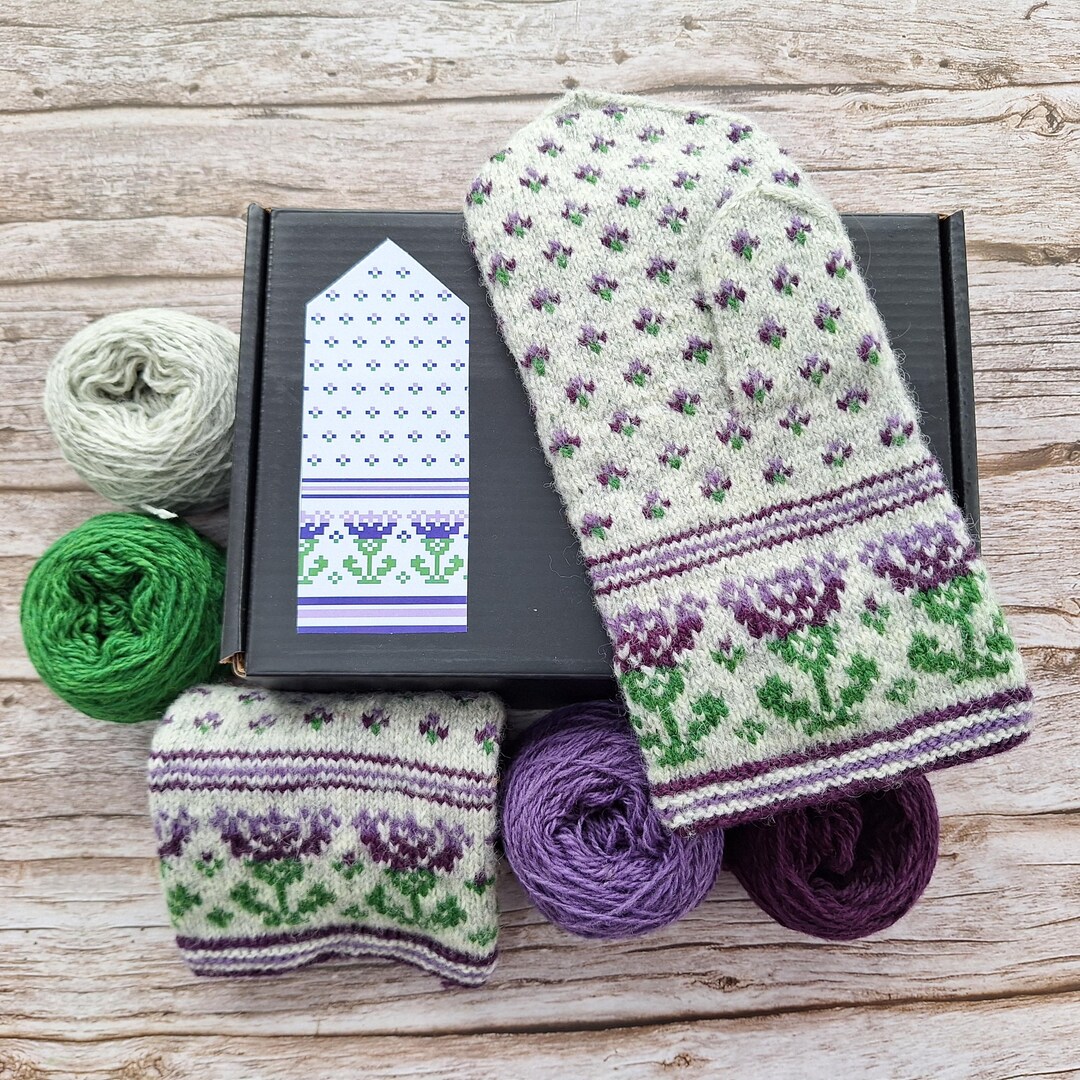 Knit Mittens Kit – Scottish Thistle Motif | Includes Yarn, Colour Chart ...