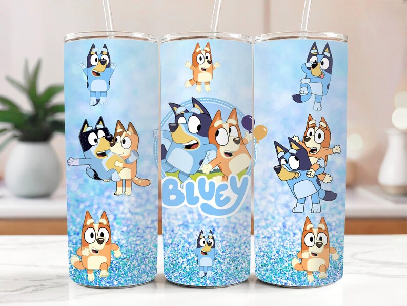 Faux Glitter Bluey Tumbler, Bluey and Bingo, Skinny Tumbler Cup With ...