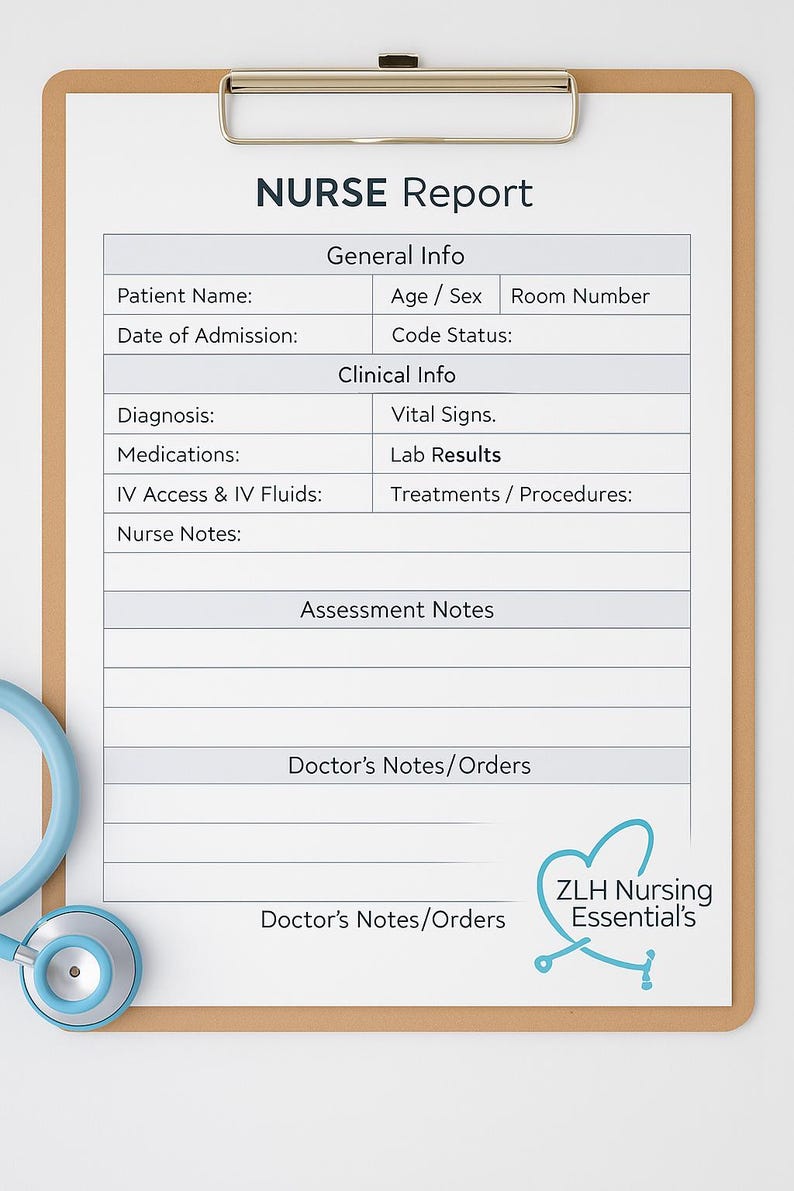 Printable Nursing Report Sheet | 1-page Clinical Template (50 PDF ...