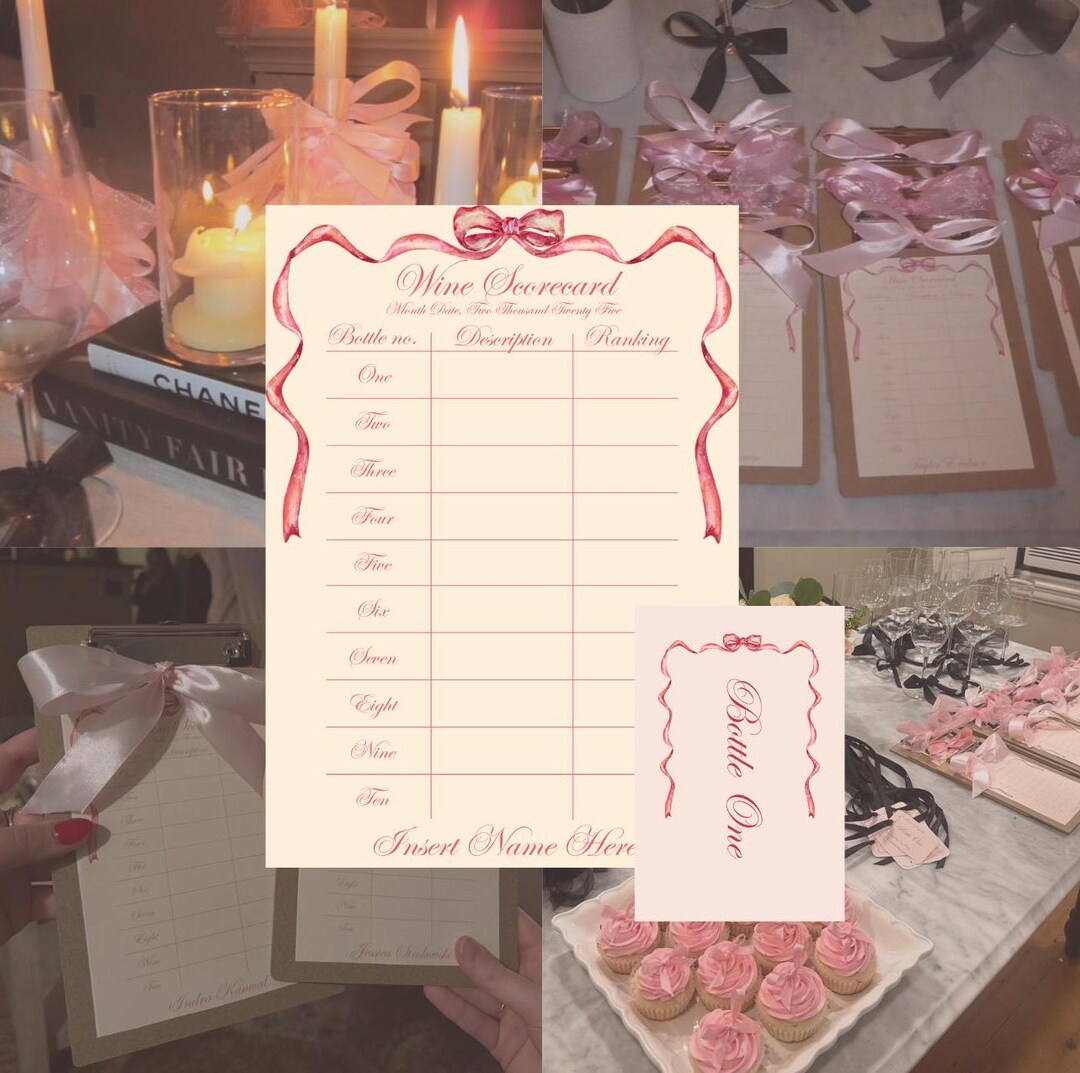 Wine Tasting Party Scorecards & Bottle Tags – Printable Bow Theme ...