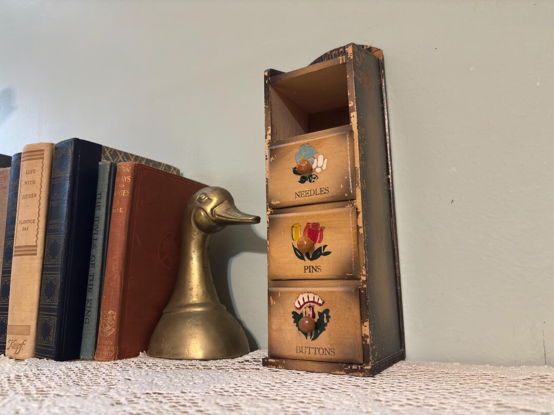 Antique Wooden Sewing Storage Box | Needles Pins Buttons Drawers ...