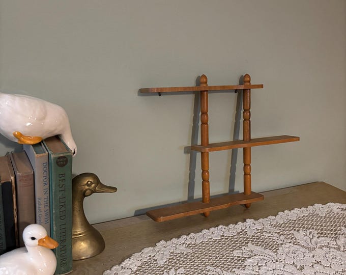 Vintage Mini Spindle Wall Shelf – 3-tier Wood Display, Honey Oak Finish ...