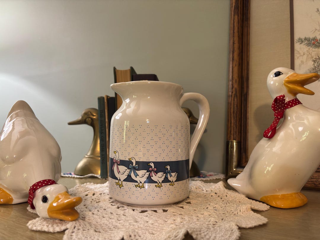 Vintage Ceramic Duck Pitcher – Country Farmhouse Goose Parade With Bows ...