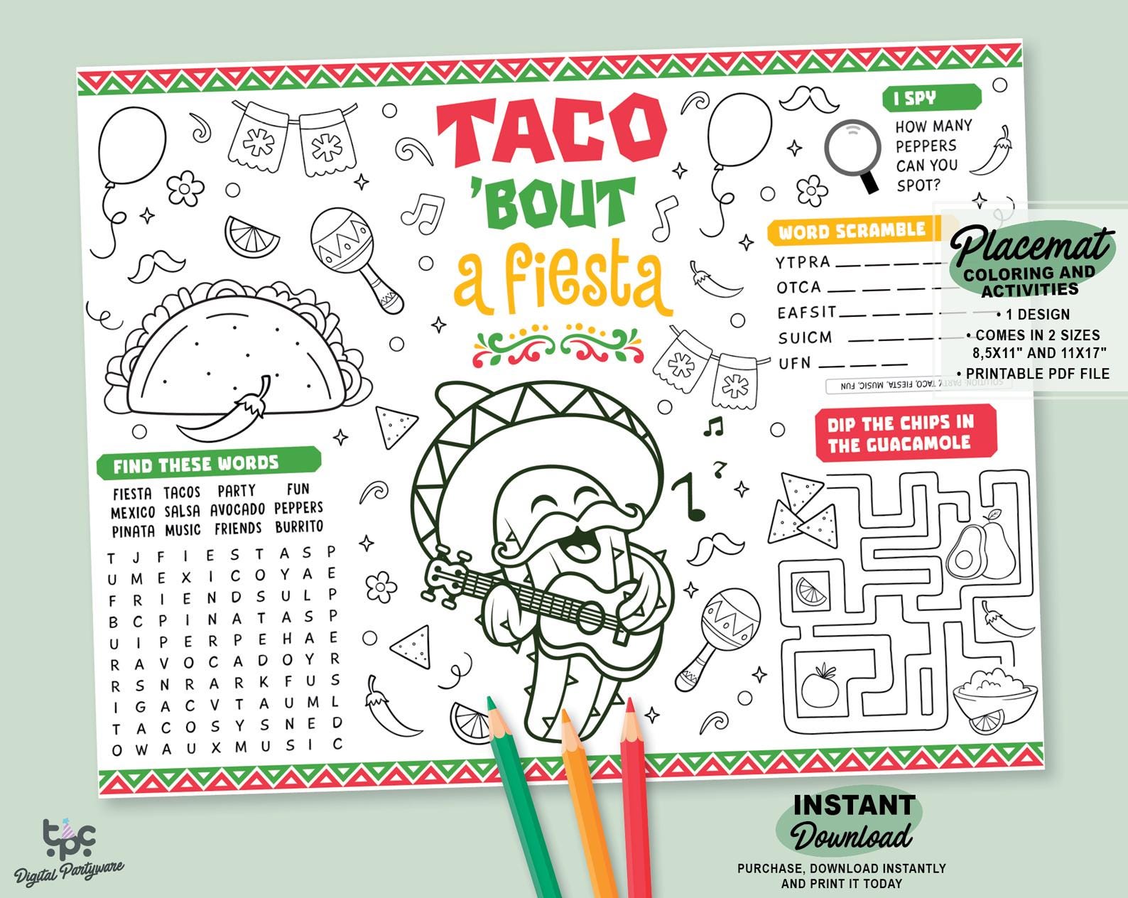 Taco Bout Party Coloring Page | Printable Mexican Fiesta Placemat ...