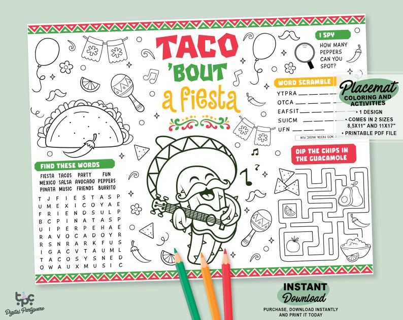 Taco Bout Party Coloring Page | Printable Mexican Fiesta Placemat ...